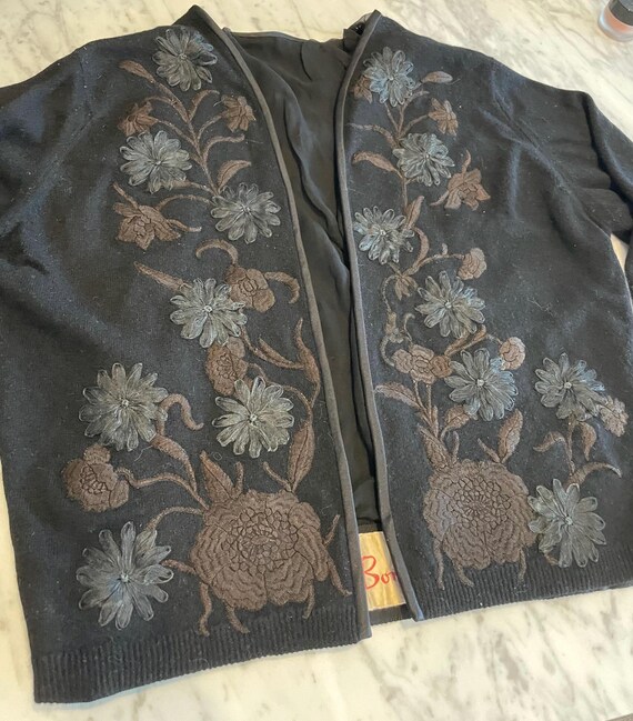 1950s Helen Bond Carruthers rare black appliqué cardi… - Gem