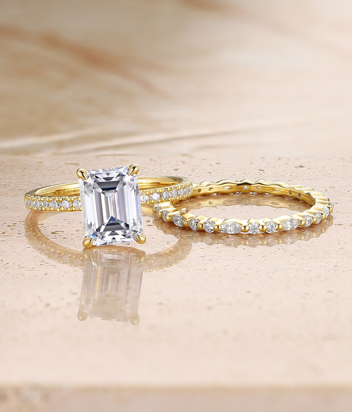 Emerald Cut Moissanite Hidden Halo Engagement Ring Set 14K Yellow Gold ...
