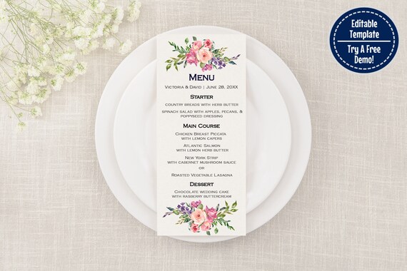 Printable Floral Wedding Menu Template Pink Purple Boho Floral | Etsy