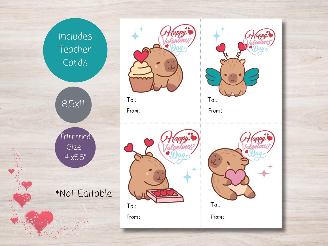Printable Capybara Valentine's Day Cards -classroom Valentines Cards ...