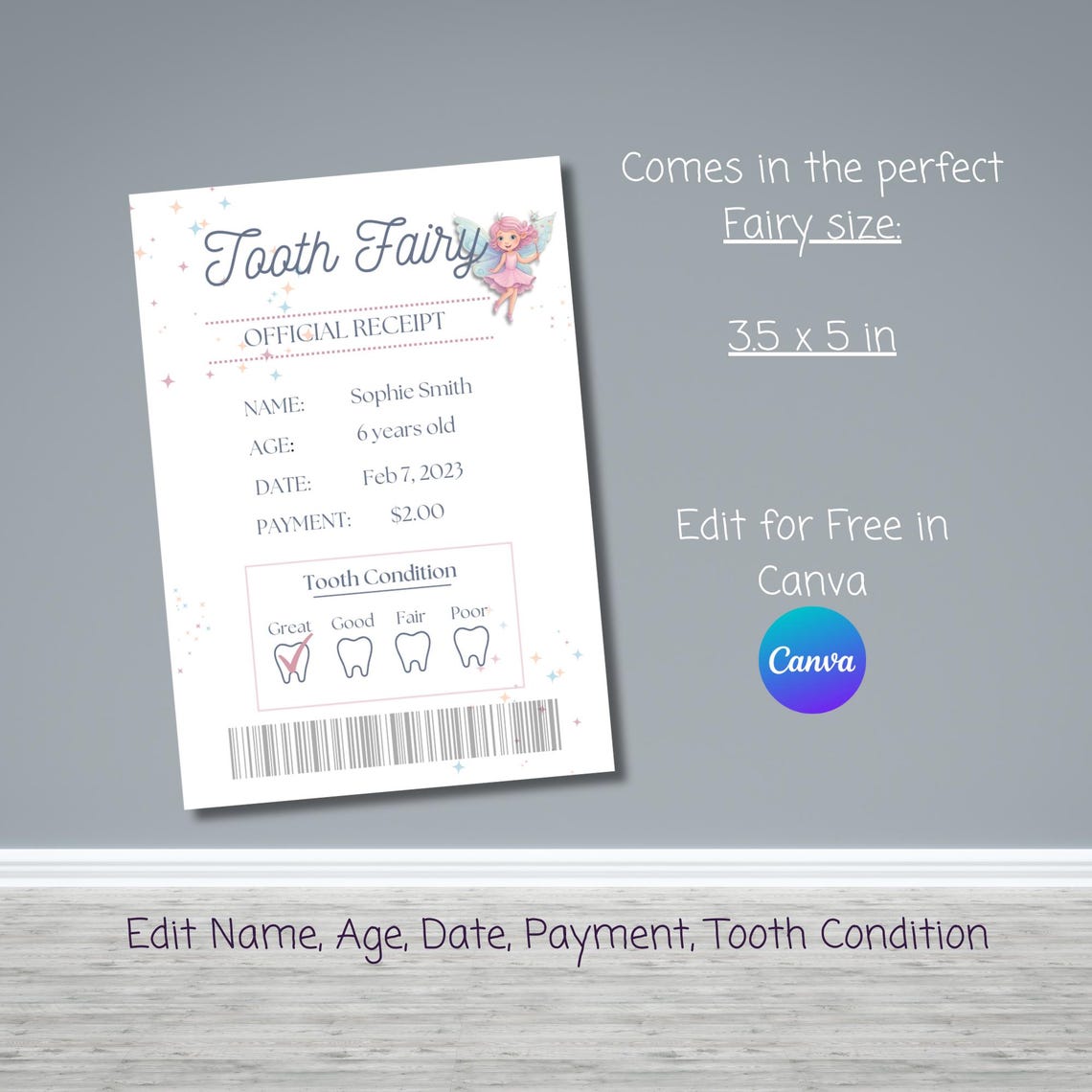 Editable Tooth Fairy Receipt Printable: Baby Milestone Keepsake ...