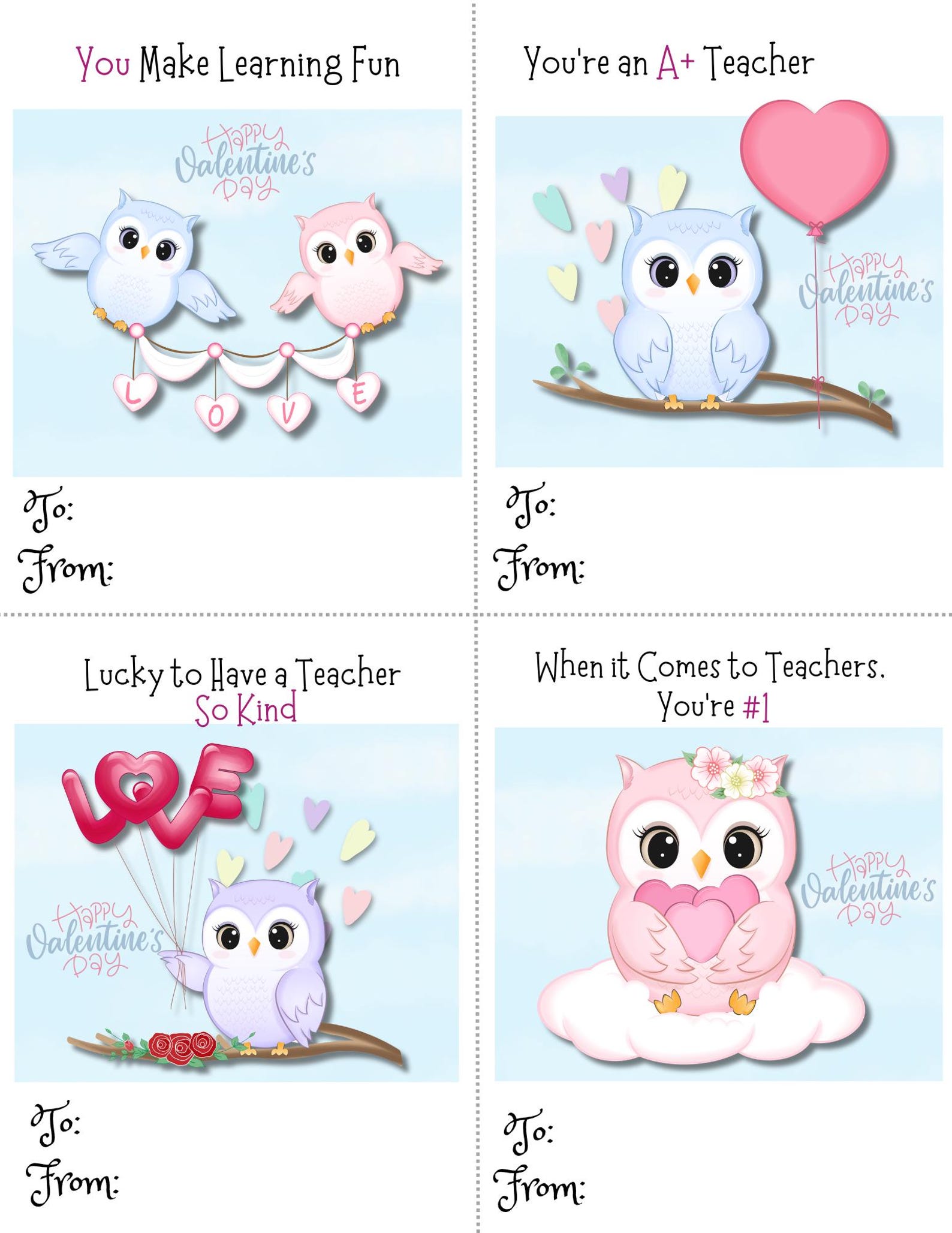 Printable Owl Valentine's Day Cards -classroom Valentines Cards for ...