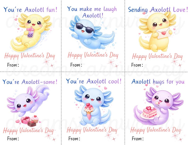 Axolotl Valentine Cards for Kids & Teachers (digital Download) - Etsy ...