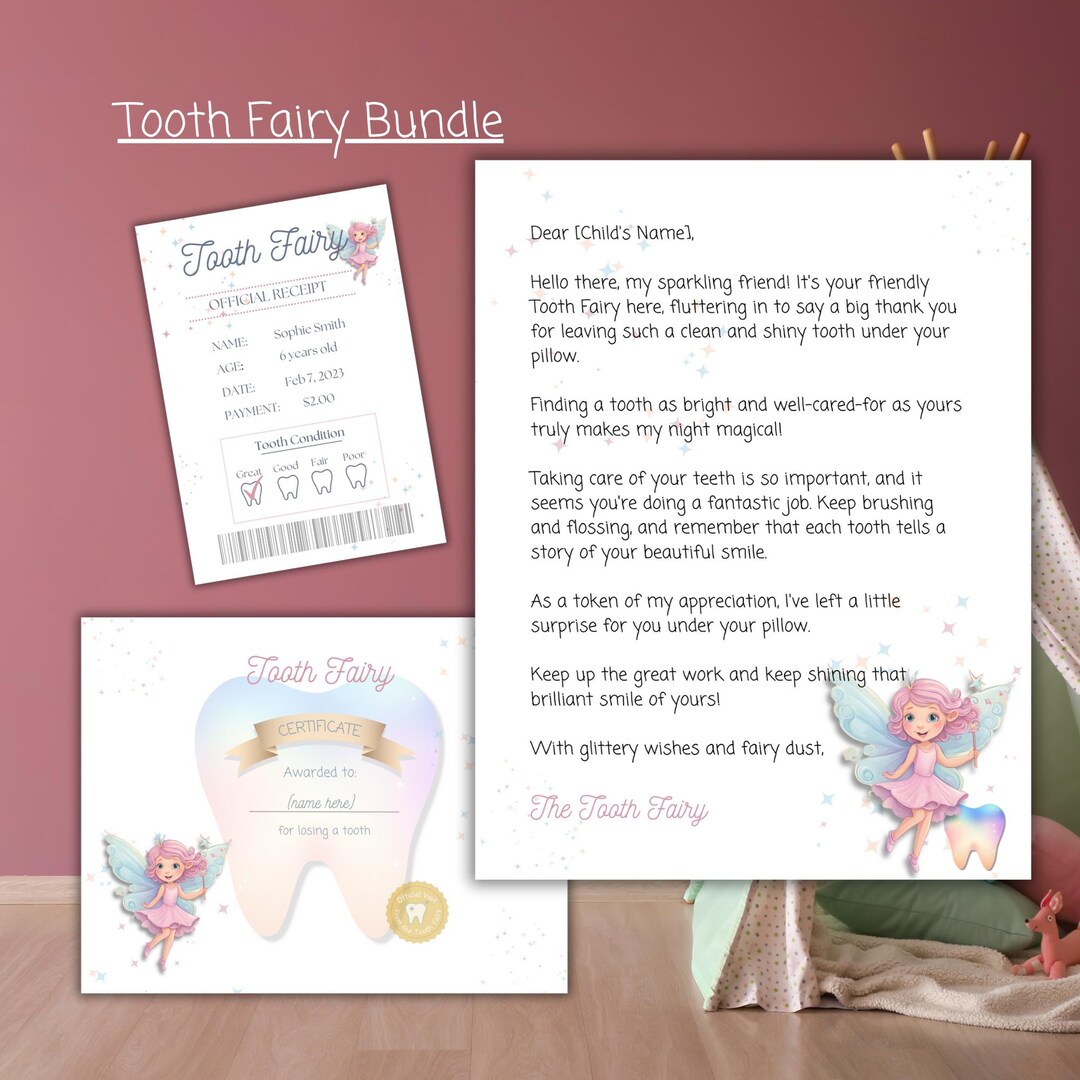 Personalized Tooth Fairy Letter Set: Certificate & Receipt (digital ...