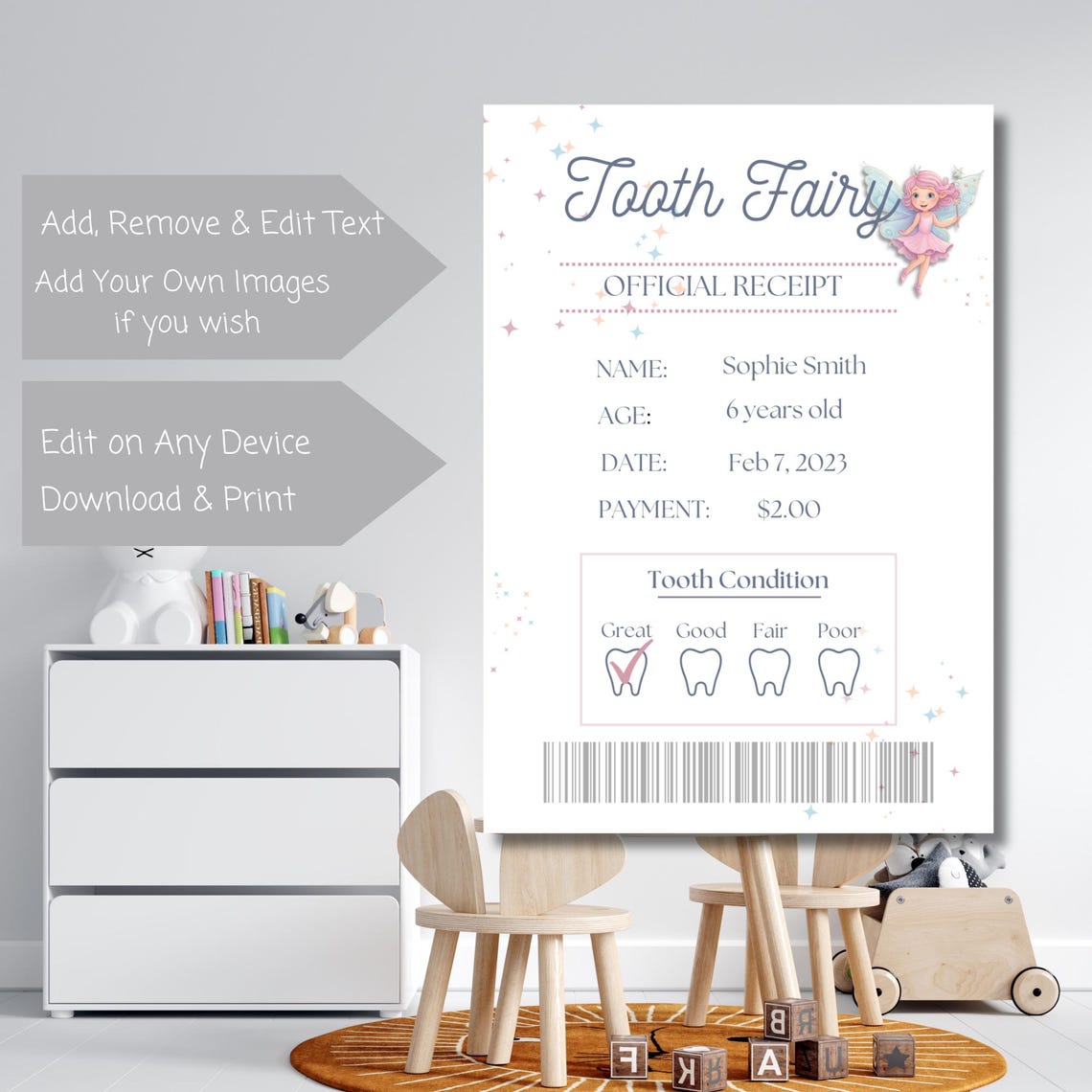 Editable Tooth Fairy Receipt Printable: Baby Milestone Keepsake ...