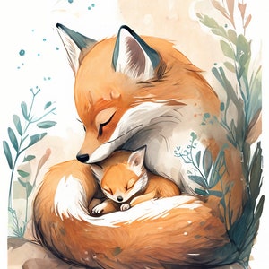 PRINTABLE Mom & Baby Fox Art- Nursery Fox Print-kids Fox Printable ...