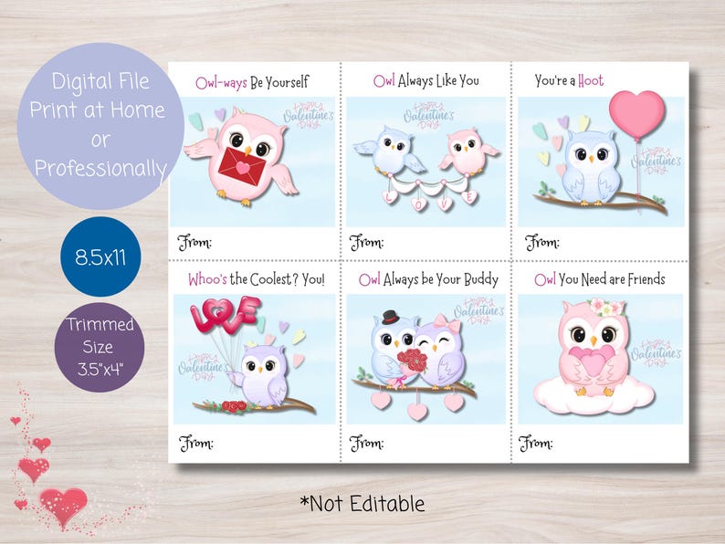 Printable Owl Valentine's Day Cards -classroom Valentines Cards for ...
