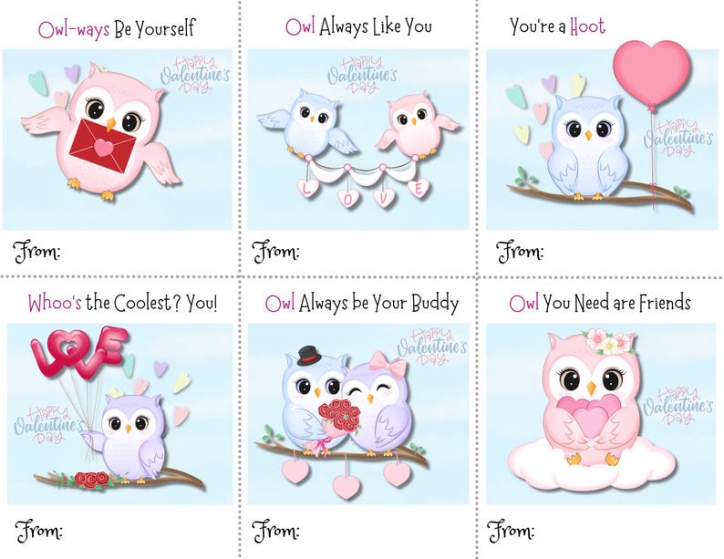 Printable Owl Valentine's Day Cards -classroom Valentines Cards for ...