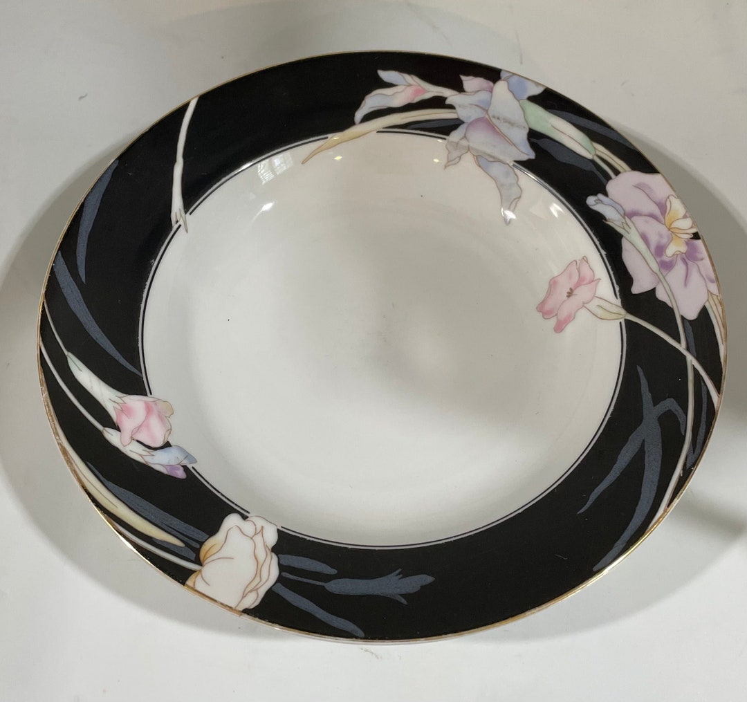 Set of 3 Vintage Gold Rim Mikasa Charisma Pattern Black 8.5" Soup Bowls ...