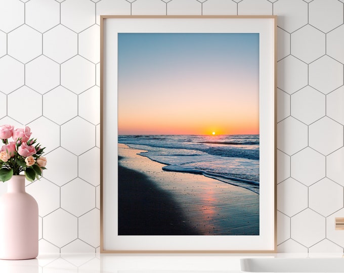 Sunset Beach Print, Colorful Beach Photography, Blue Wall Art, Ocean ...