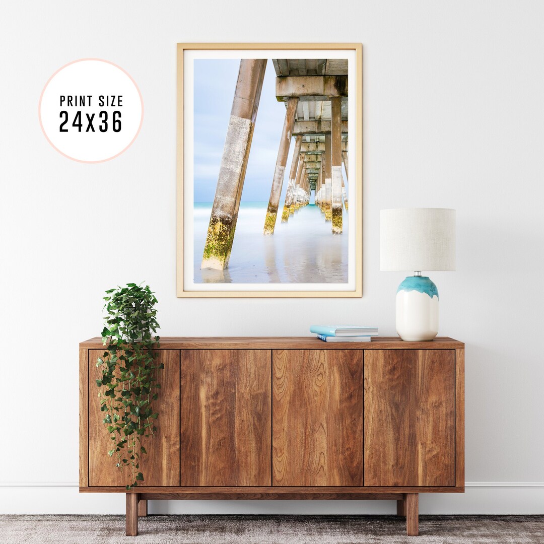 Blue Beach Print, Calming Blue Wall Art, Blue Ocean Print, Pier Beach ...