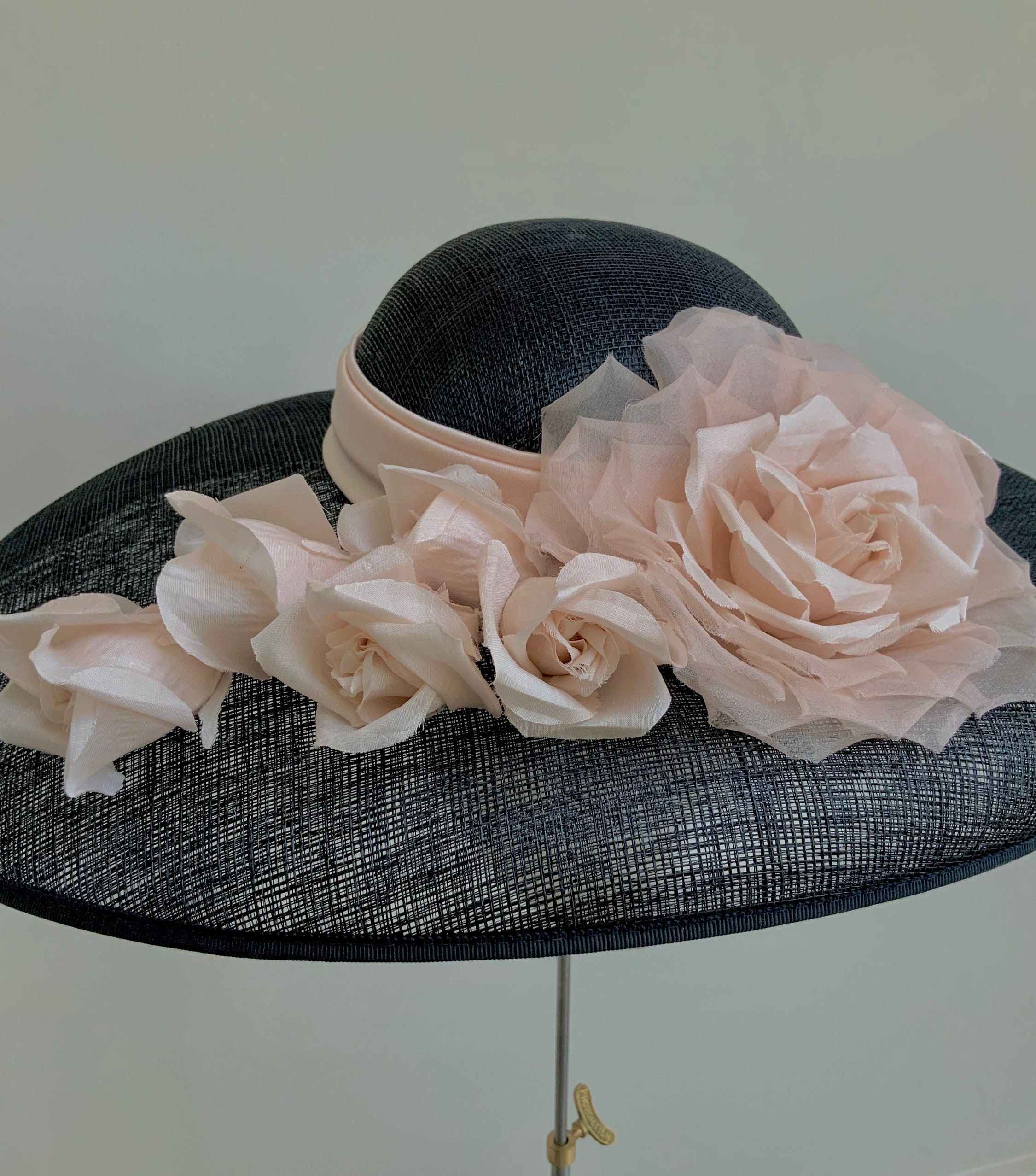 Navy and Pink Hat, Pink Blue Wide Brim Ascot Hat, Pink Roses Hat ...