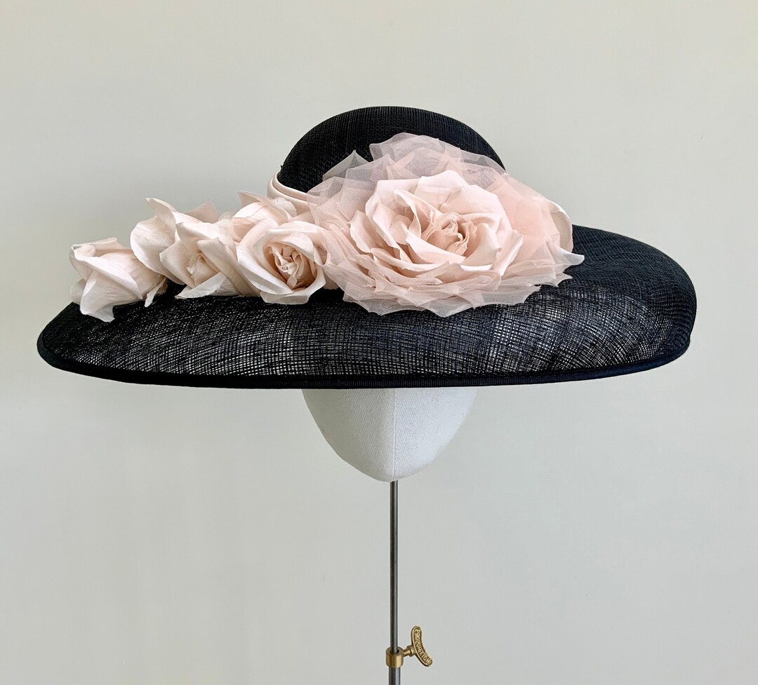 Navy and Pink Hat, Pink Blue Wide Brim Ascot Hat, Pink Roses Hat ...