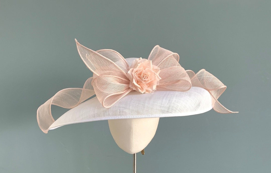 Statement Ascot Hat, Pale Pink and White Hatinator, Wide Brim Bow Hat ...