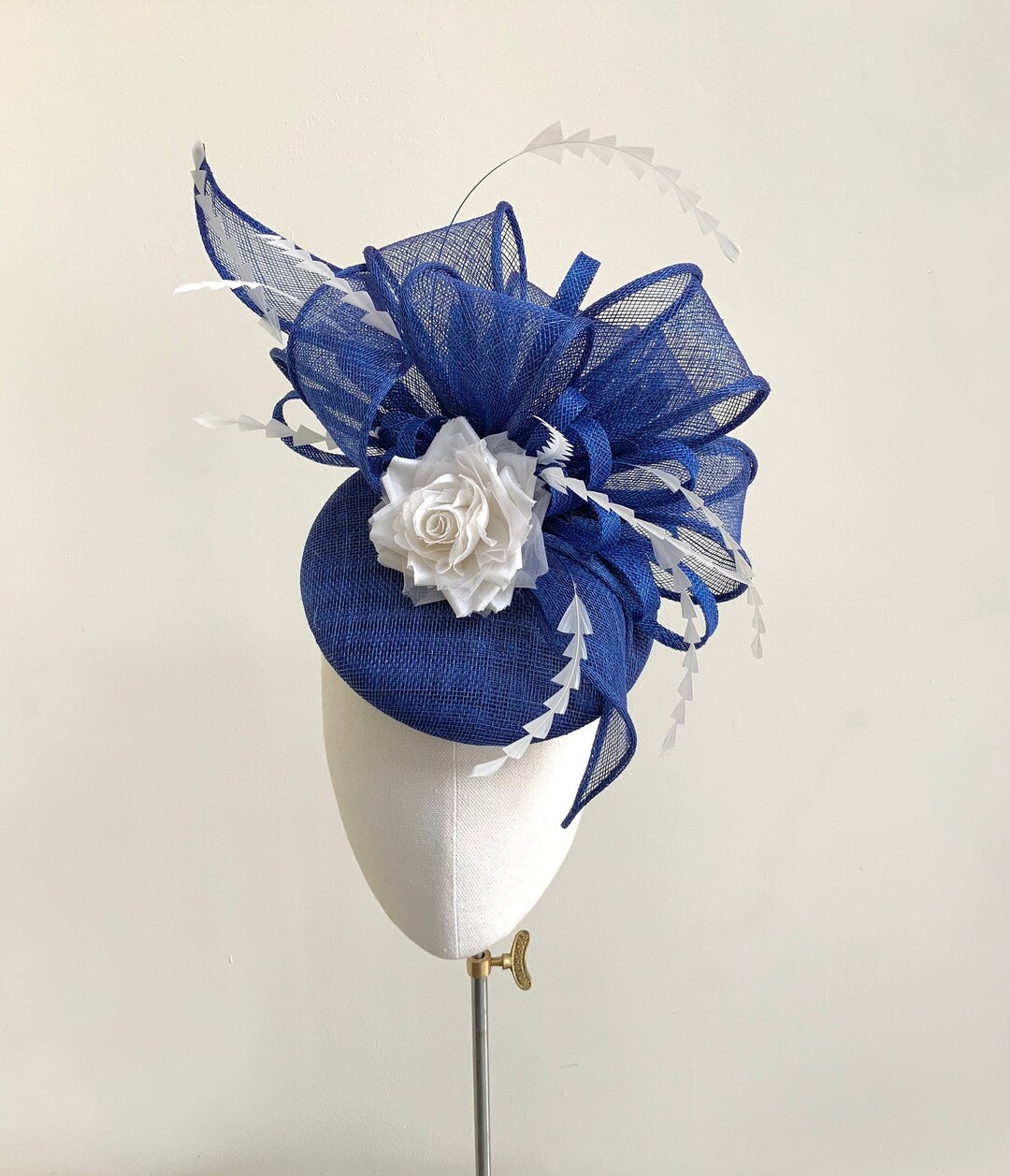 Statement Royal Blue Feather Fascinator, Cobalt Blue and White Bow Hat ...