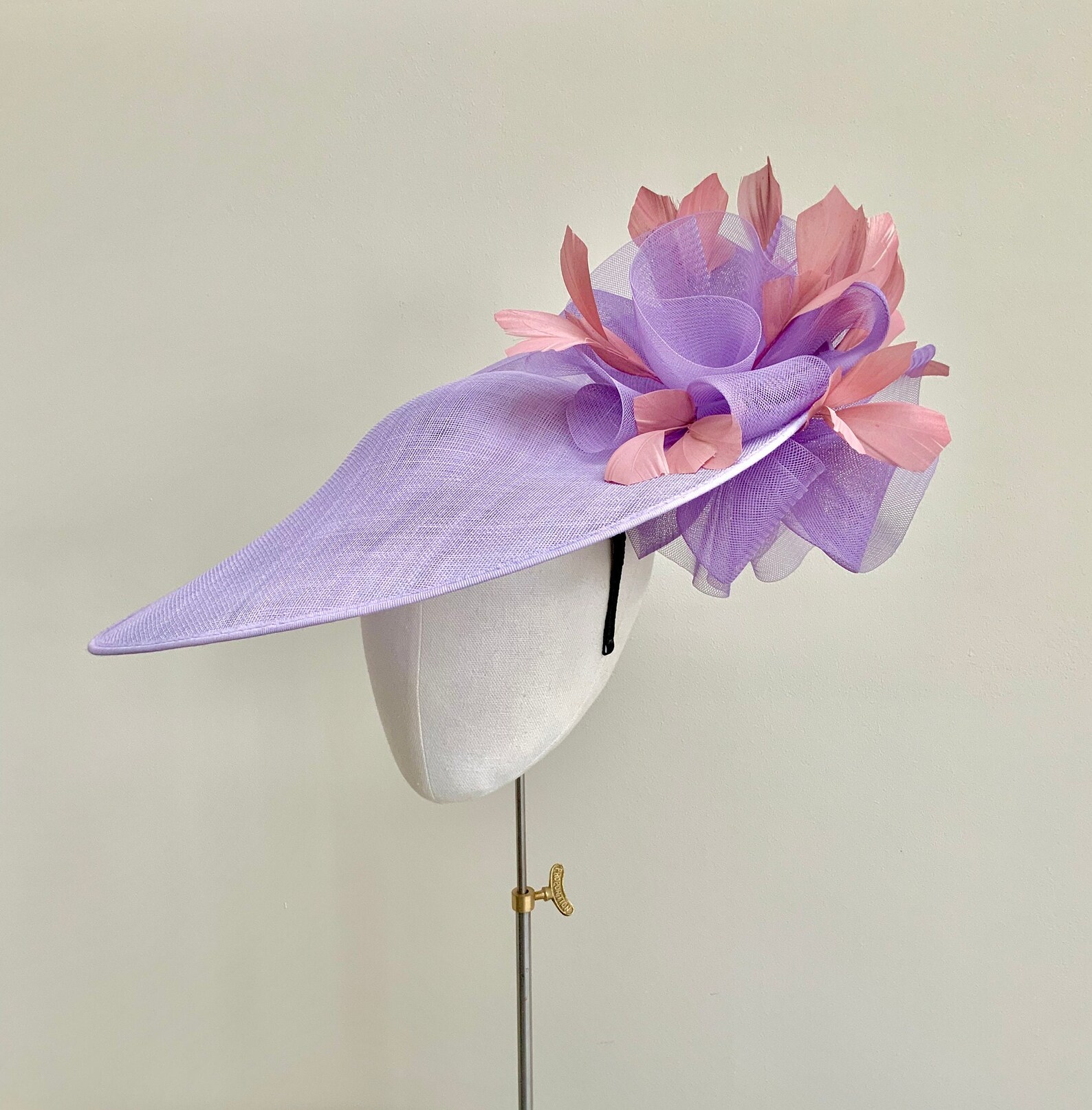 Statement Ascot Fascinator, Wide Brim Lilac Hat, Pale Pink Bow ...