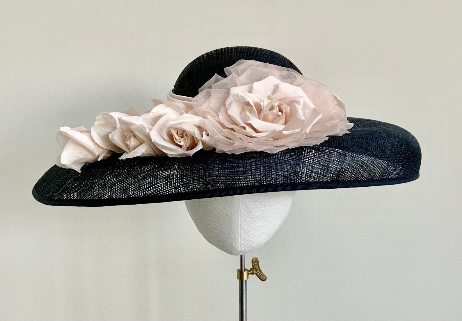 Navy and Pink Hat Pink Blue Wide Brim Ascot Hat Pink Roses | Etsy