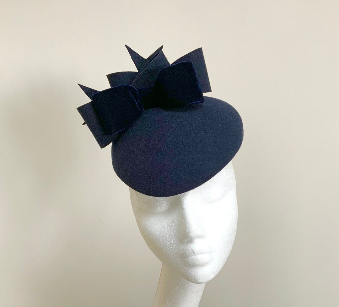 Navy Felt Races Hat, Blue Bow Felt Hat, Navy Blue Velvet Fascinator ...