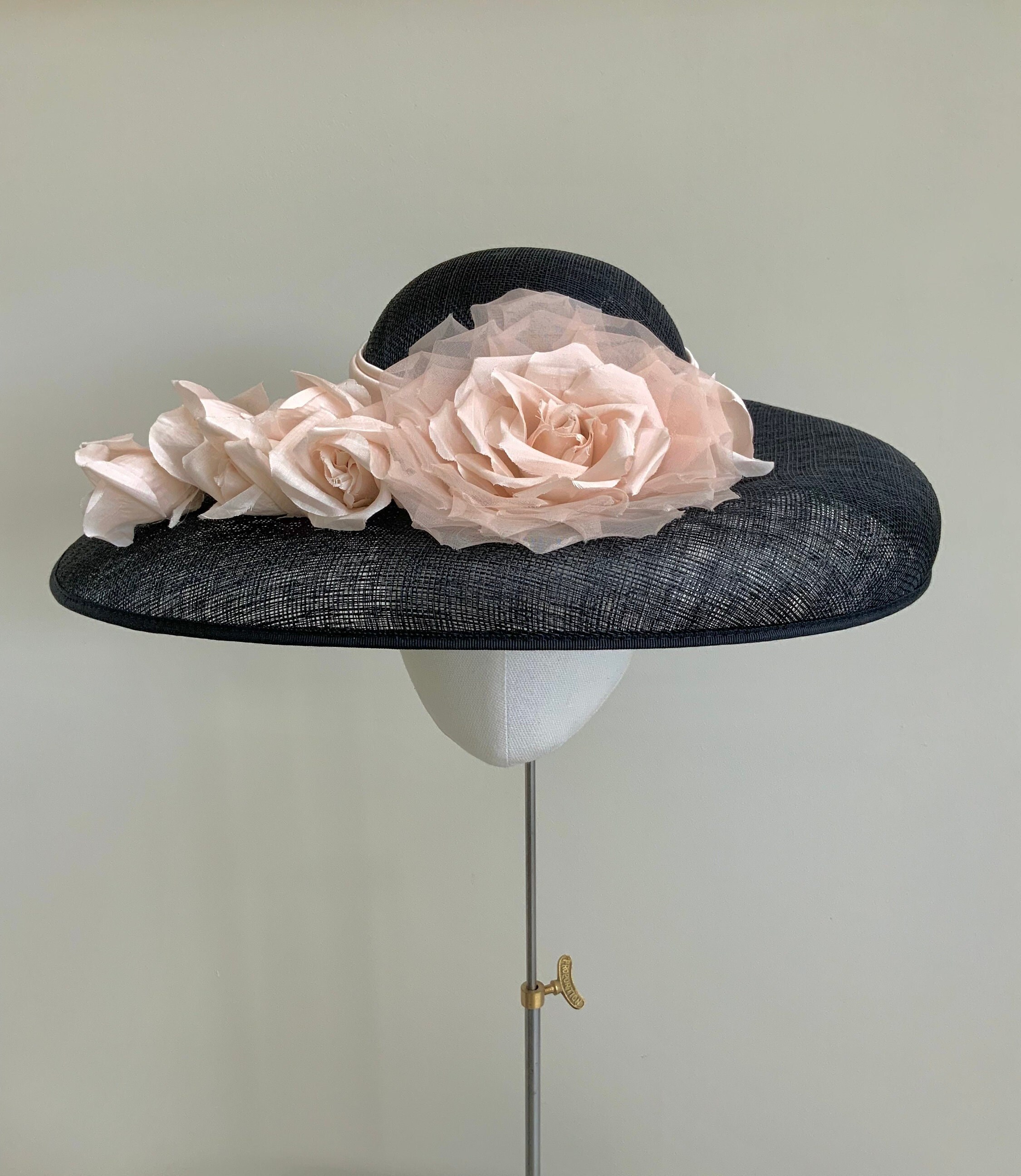 Navy and Pink Hat, Pink Blue Wide Brim Ascot Hat, Pink Roses Hat ...