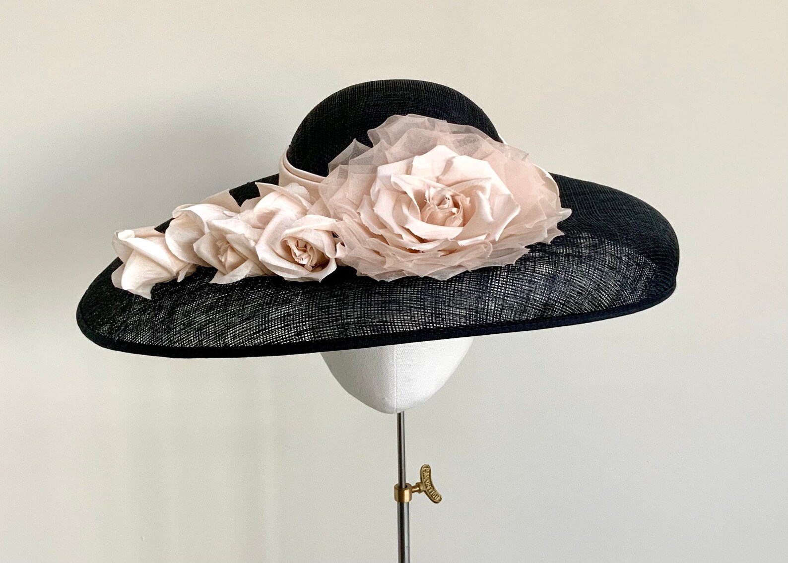 Navy and Pink Hat Pink Blue Wide Brim Ascot Hat Pink Roses | Etsy