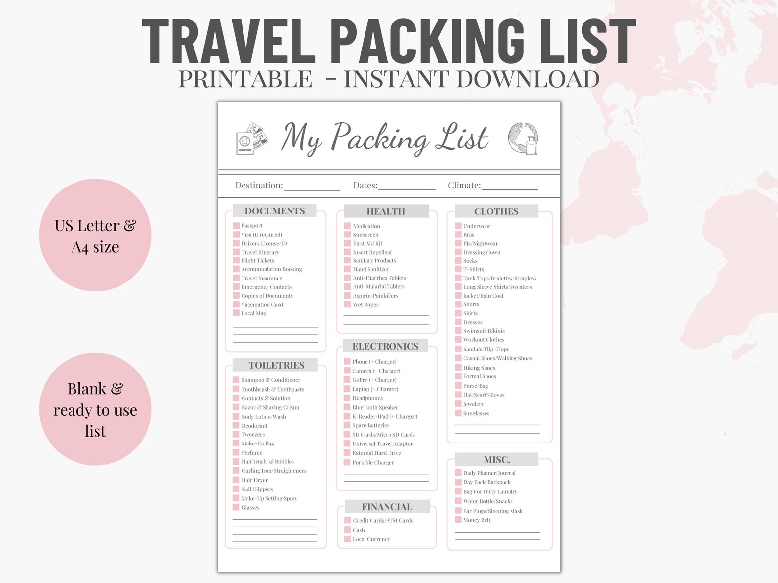 Travel Packing List Printable, Packing List, Vacation Packing List, PDF ...