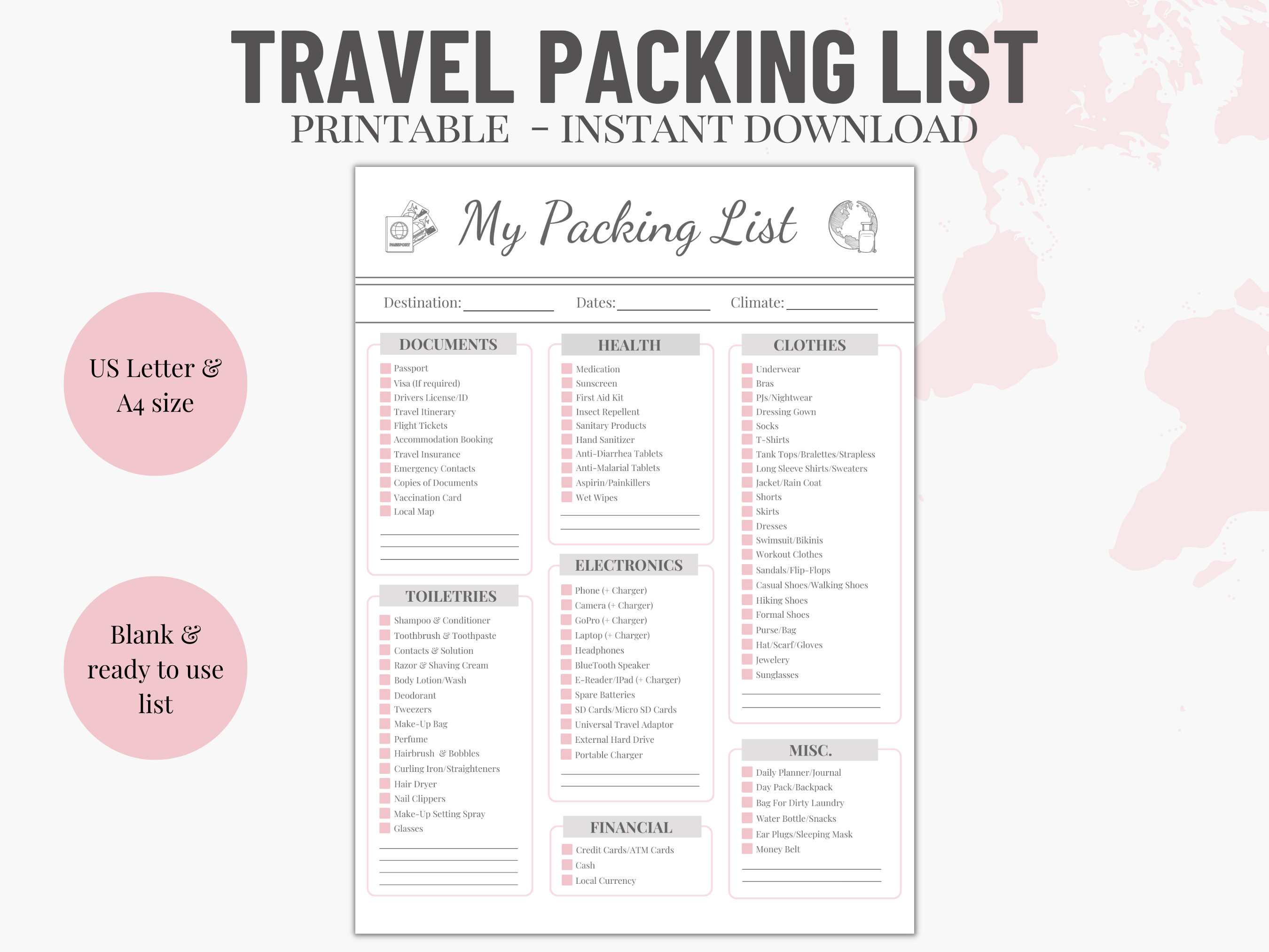 Liste de colisage de voyage imprimable, liste de colisage, liste de ...