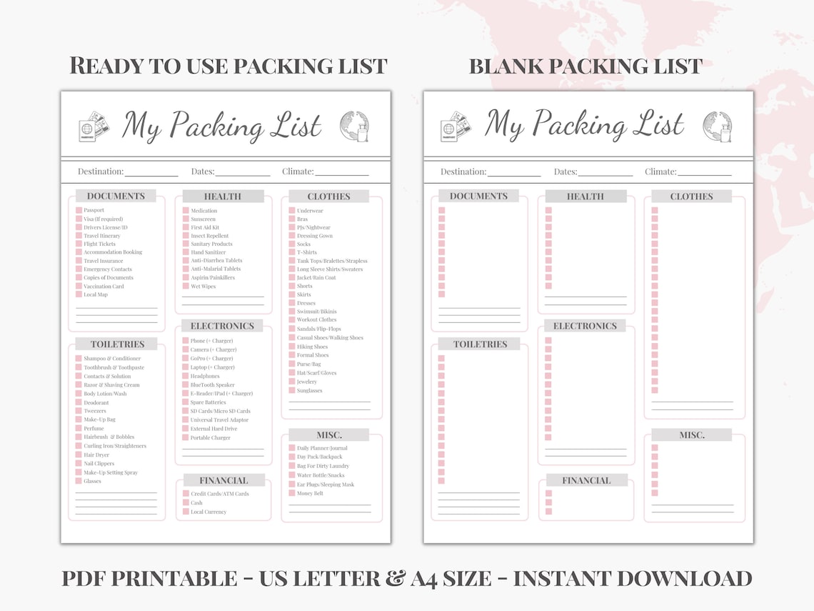 Travel Packing List Printable, Packing List, Vacation Packing List, PDF ...