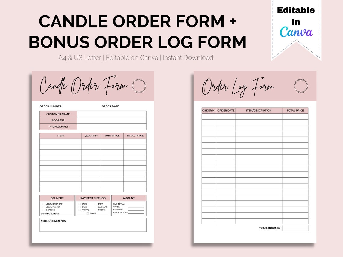Candle Order Form Template BONUS Orderlog Form Editable Canva Invoice ...