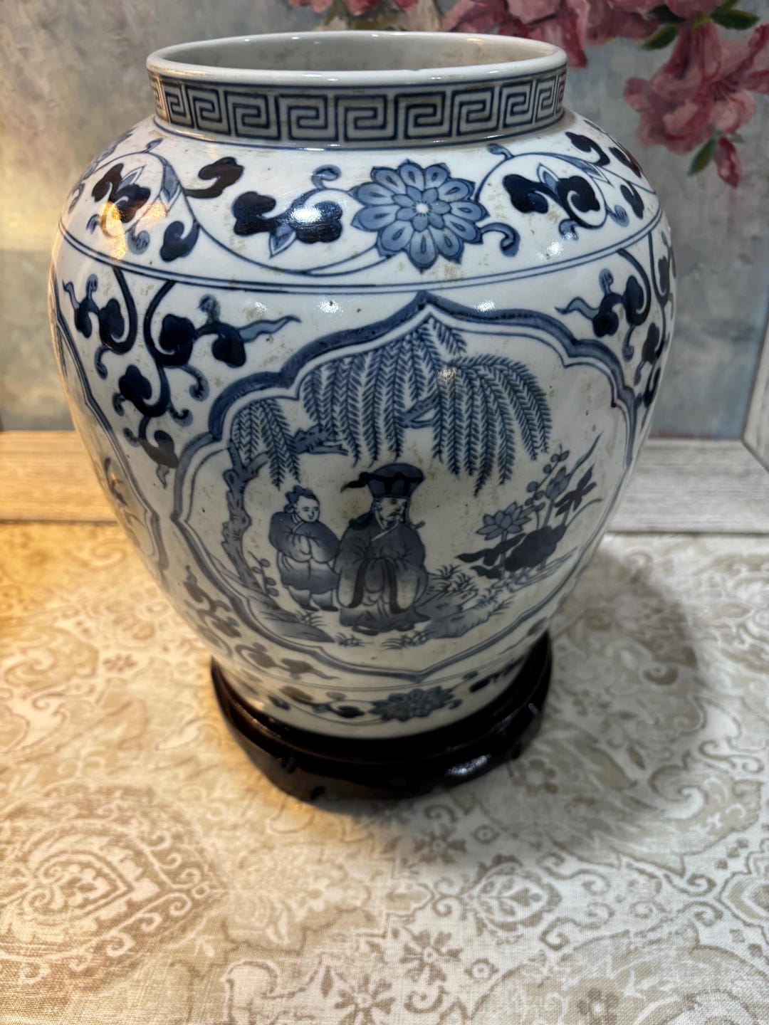 Vintage "tozai" Blue and White Chinoiserie Vase Depicting Warriors ...