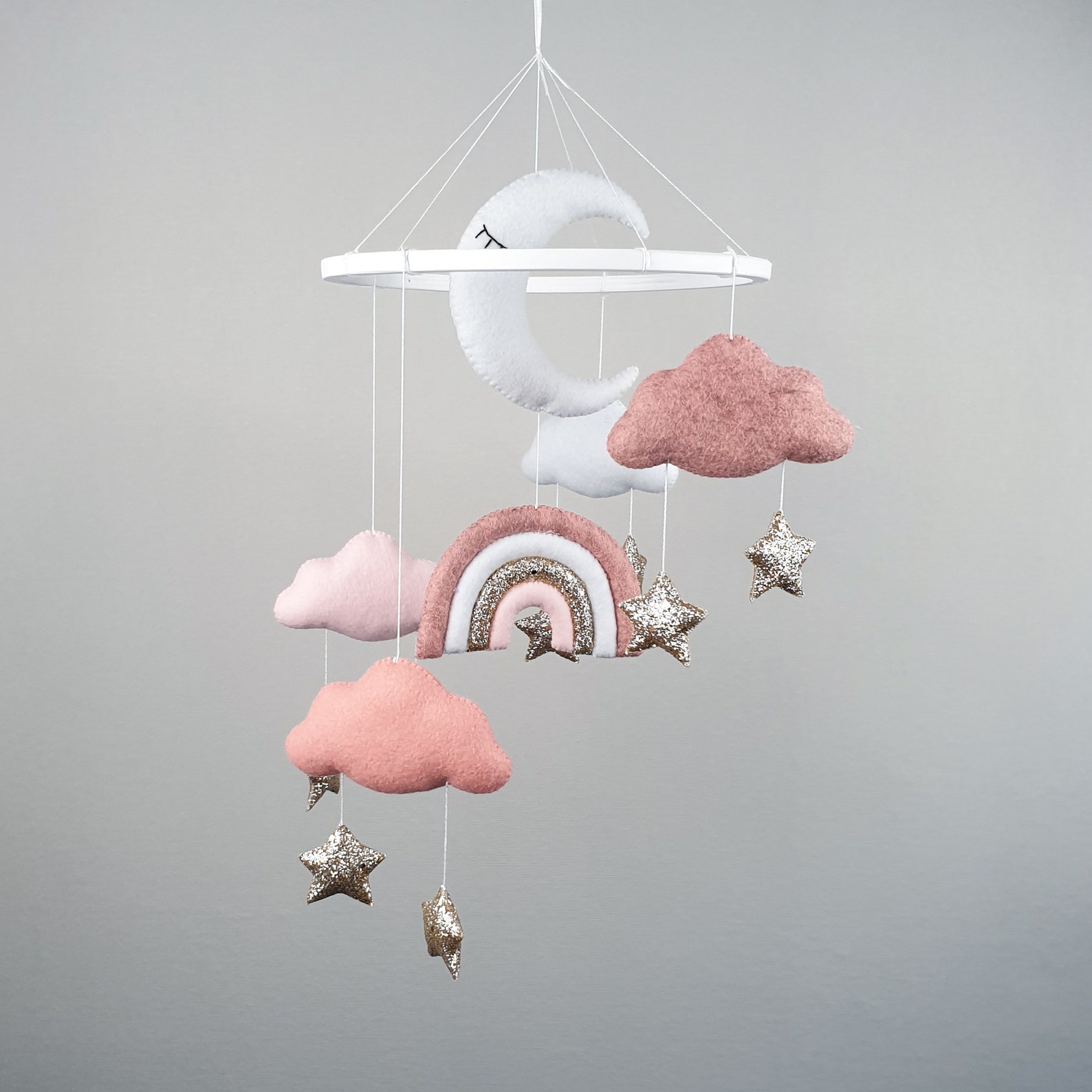 Baby Girl Crib Mobile Rainbow Baby Mobile Nursery, Cloud Moon and Gold ...