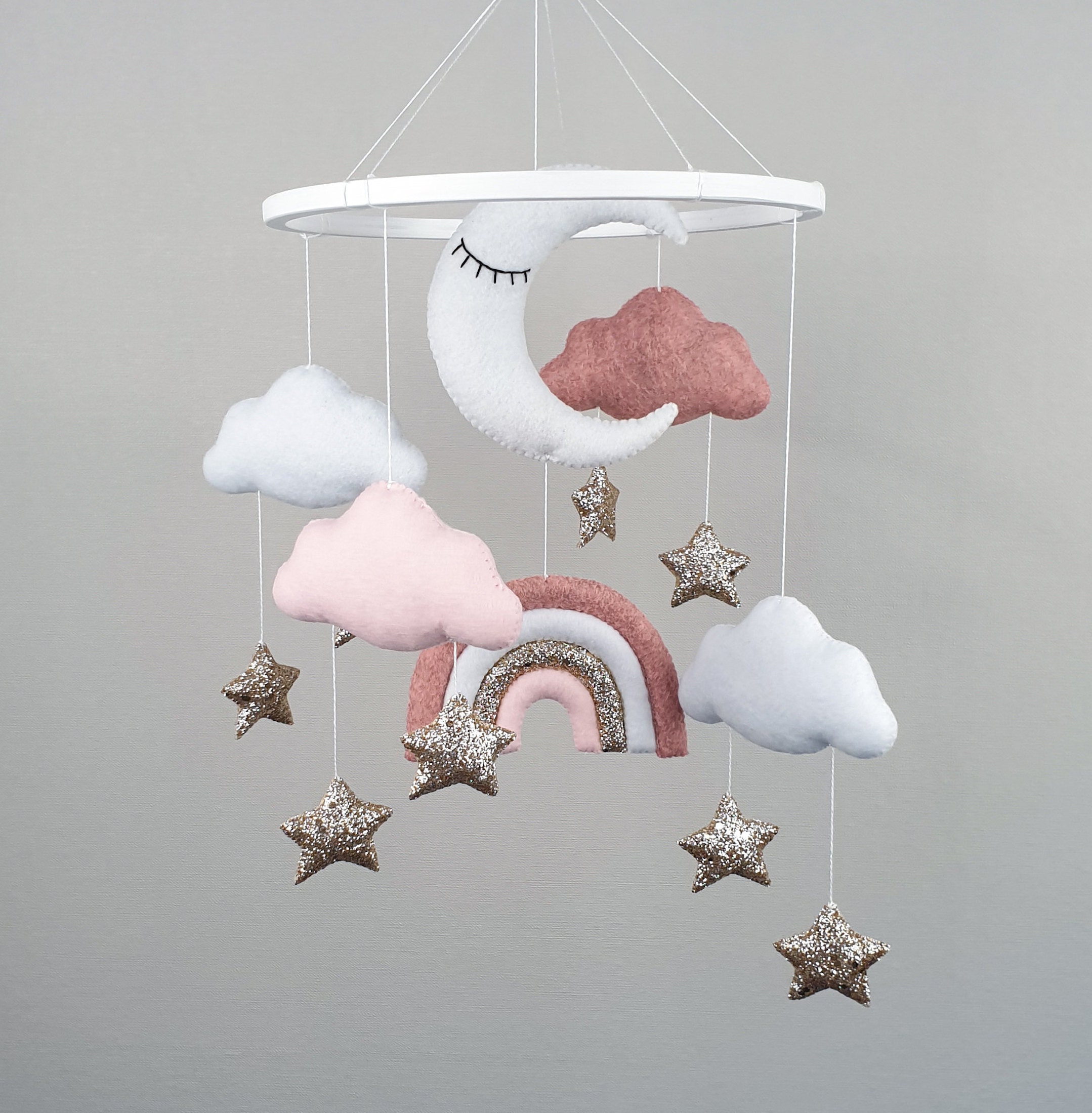 Cloud Baby Girl Mobile Moon Rainbow Nursery Mobile Gold Star | Etsy