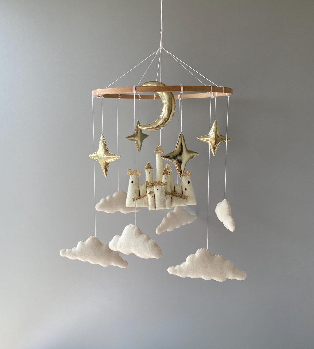 Castle Baby Mobile for Nursery, Castle Crib Mobile, Cloud, Gold Moon ...