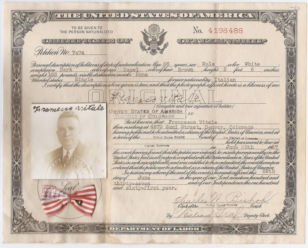 Vintage 1937 U.S. Certificate of Citizenship for Francesco Vitale, 56 ...
