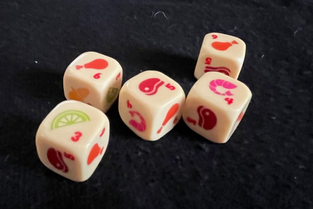 Five Dice From a Food-themed Dice Game -- Shrimp, Drumstick, Steak ...