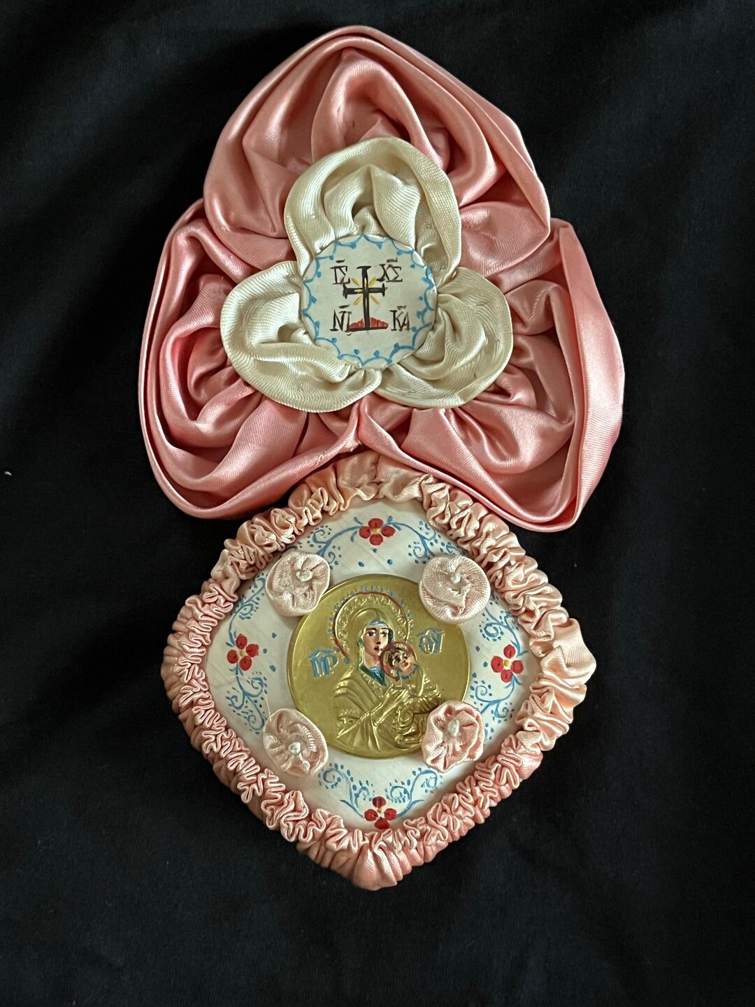 Unusual Vintage Homemade Hand-sewn Cloth Baby Blue and Pink Christian ...