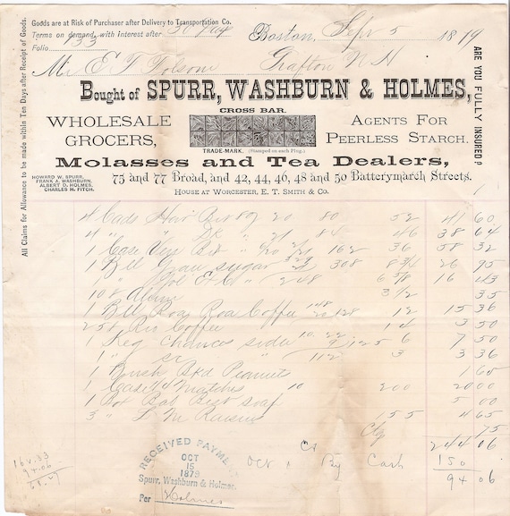 Vintage 1879 Grocery Bill From Spurr Washburn & Holmes - Etsy