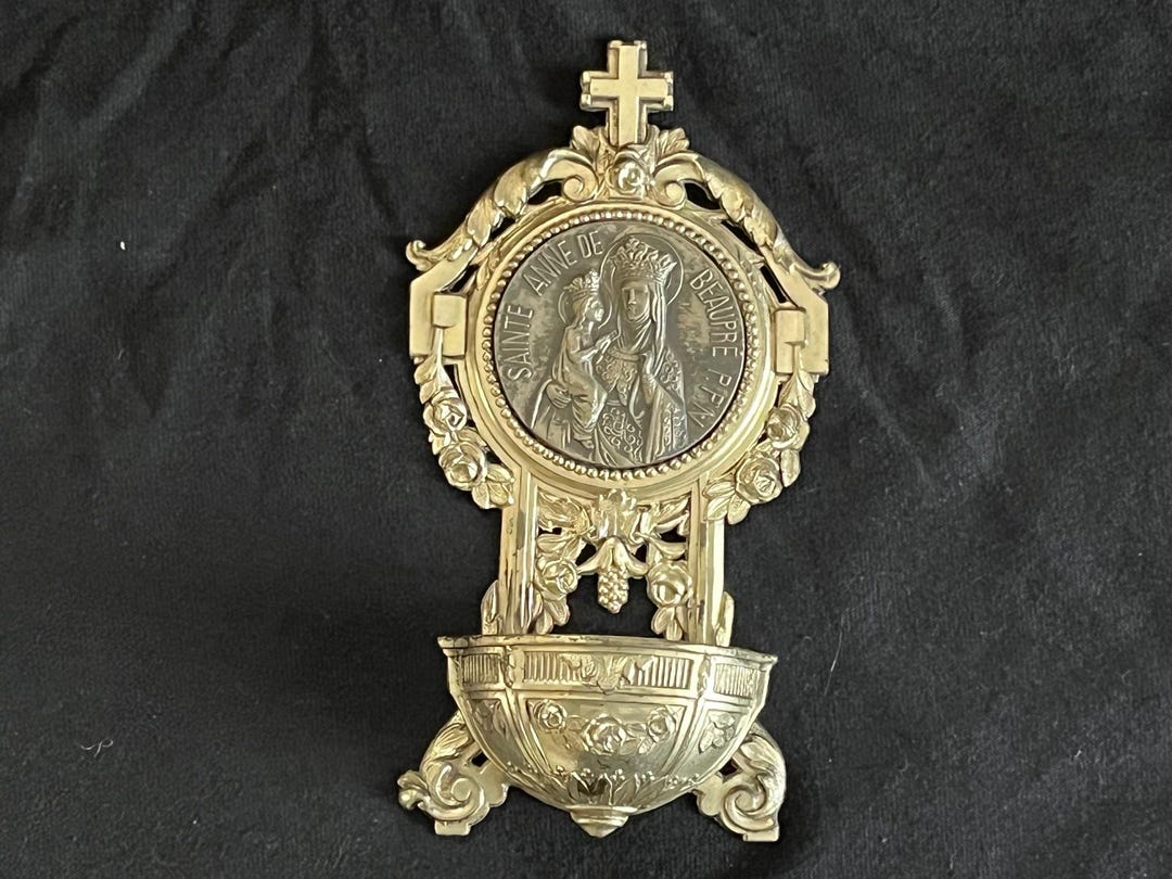 Vintage 196s Metal Home Holy Water Font Dep[icting Saint Anne De ...