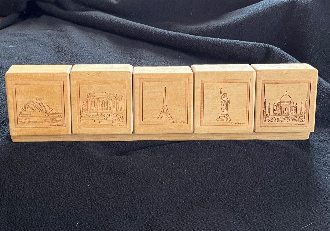 Vintage Etched Wood Blocks W/ Raised Carving of Prominent Monuments ...