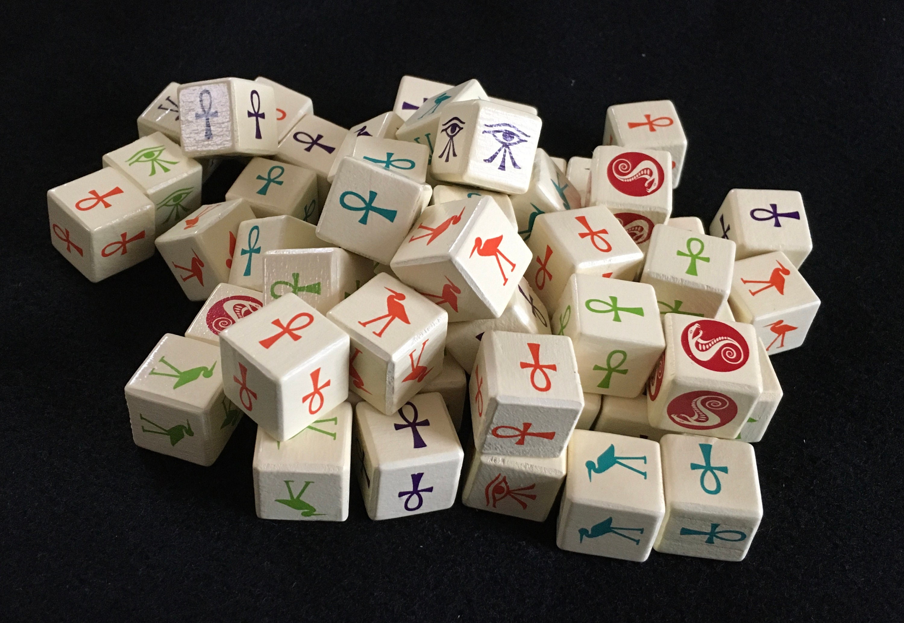56 Egyptian-Themed Wooden Dice Stamped with Egyptian Symbols in Four ...