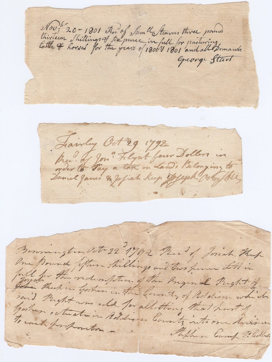 Three Antique Handwritten Receipts, Two Dated 1792, One Dated 1801, on ...