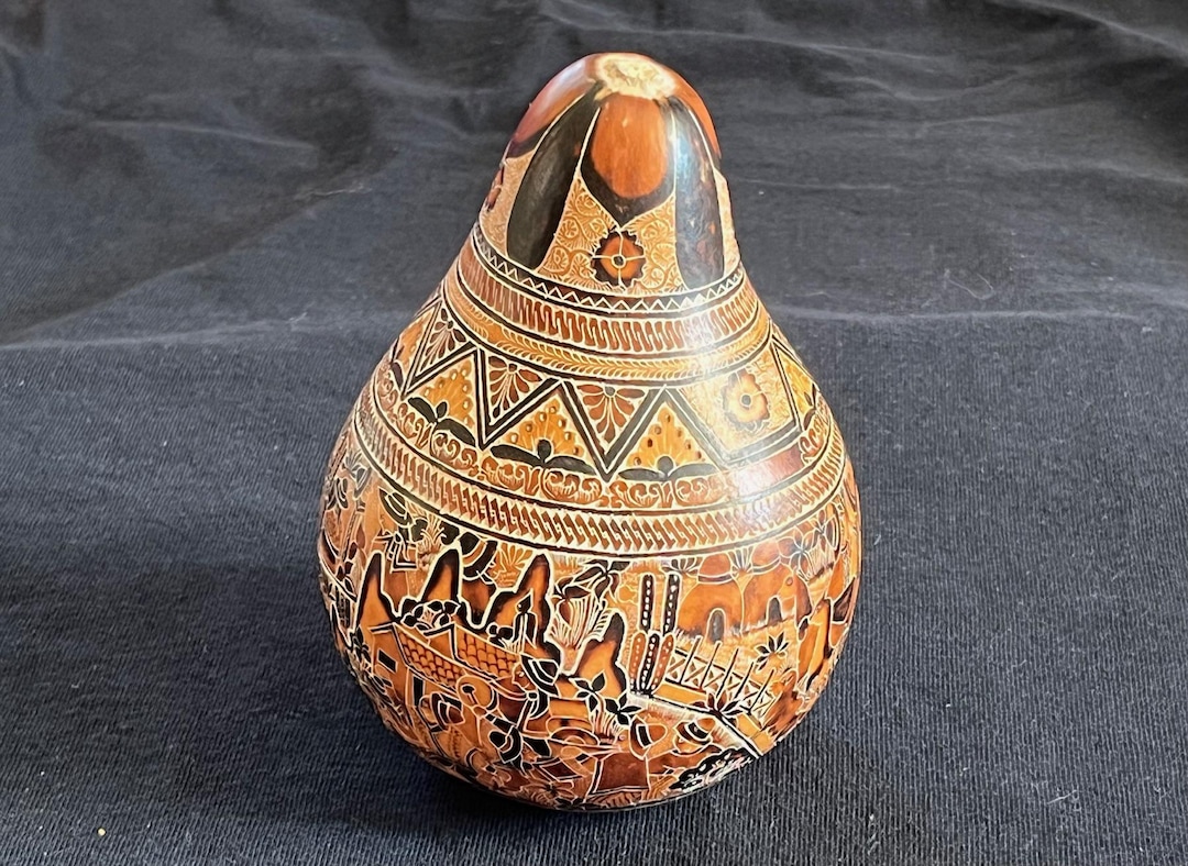 Vintage Peruvian Gourd Hand-carved With Agrarian Folk Themes ...