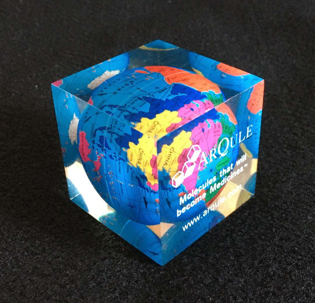 Vintage 1990s Acrylic Paperweight With a World Globe Embedded and ...
