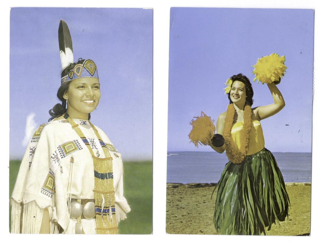 Two 1960s Postcards, One of a Hula Dancer, One of an "indian Maiden ...