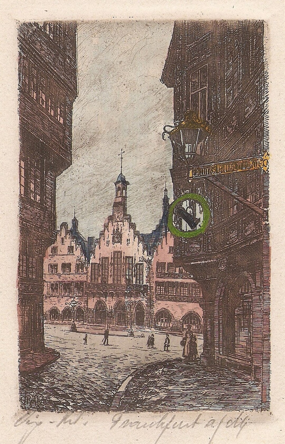 Vintage German Color Intaglio Etching of a Street Scene in Frankfurt ...