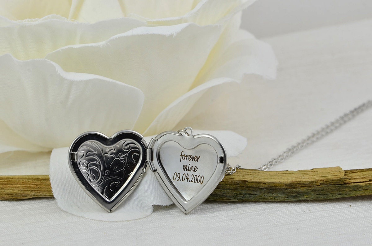 Personalised Engraved Heart Locket Necklace Silver Floral - Etsy