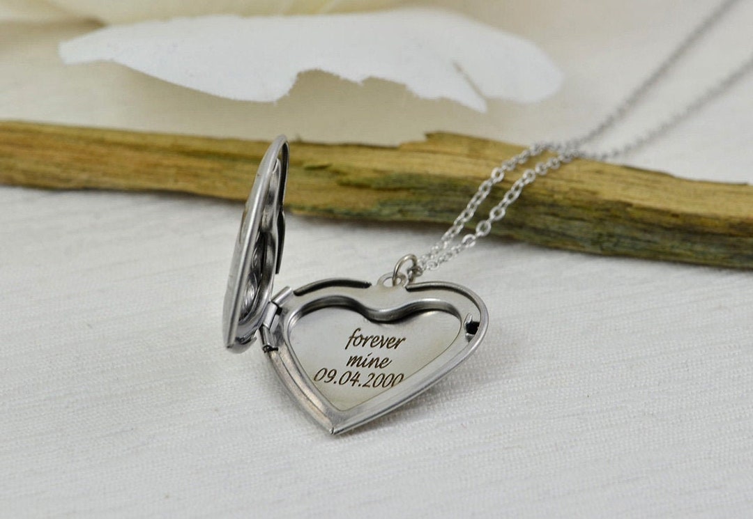 Personalised Engraved Heart Locket Necklace, Silver Floral Locket Name ...