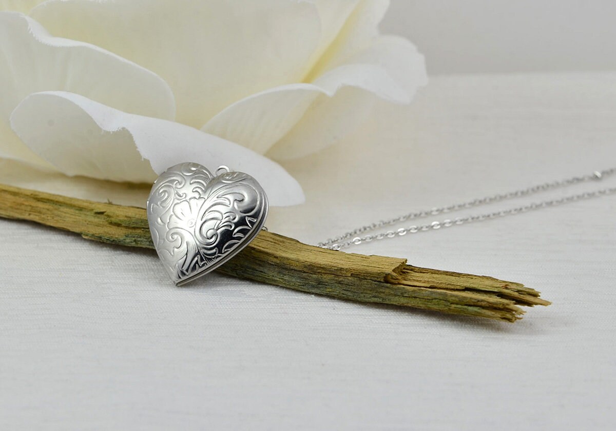 Personalised Engraved Heart Locket Necklace Silver Floral - Etsy