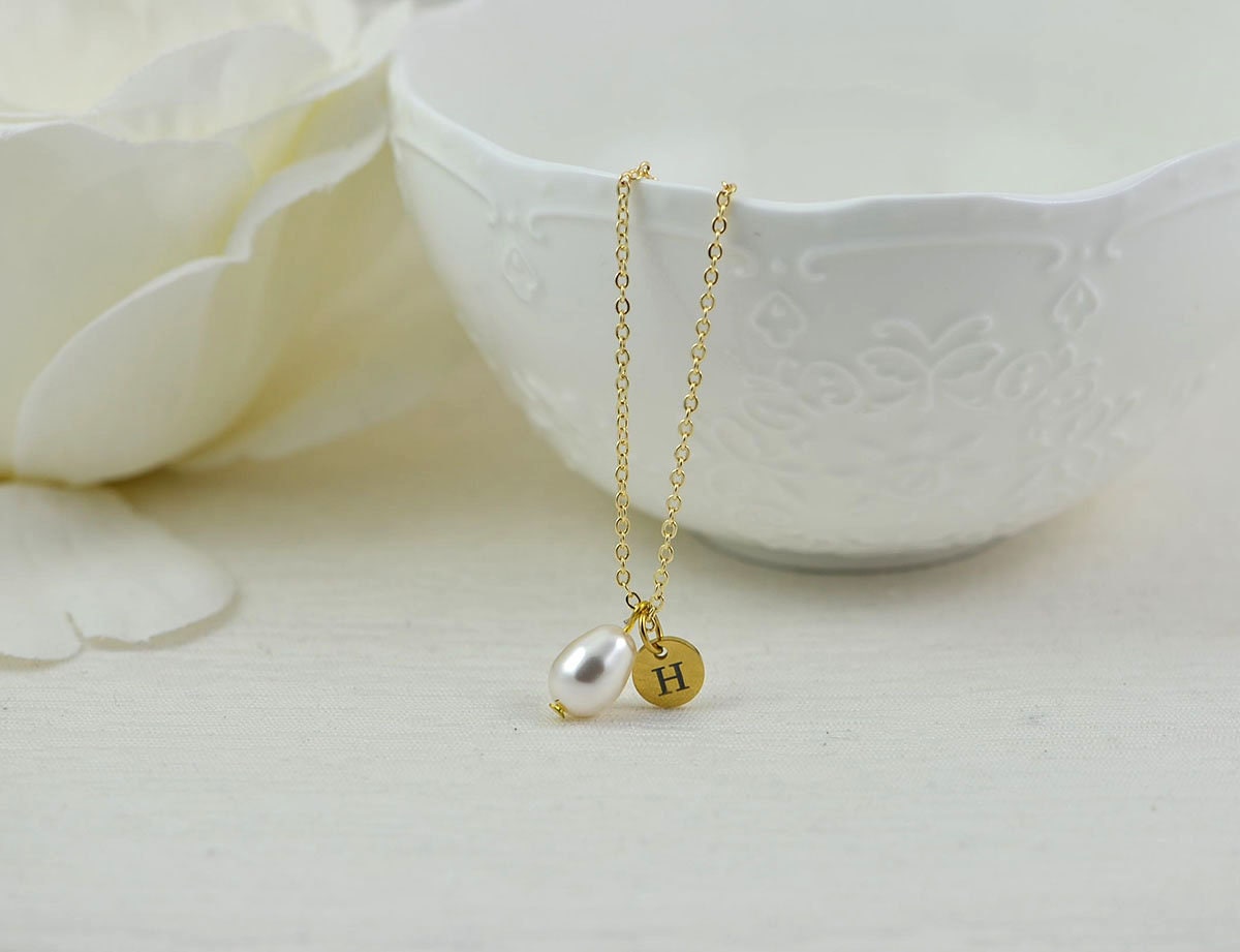 Dainty Gold Initial Pearl Necklace Personalised Drop Charm - Etsy