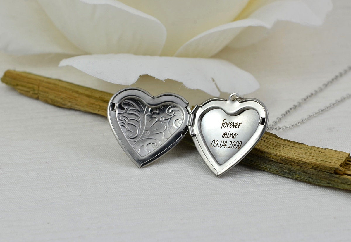 Personalised Engraved Heart Locket Necklace Silver Floral - Etsy