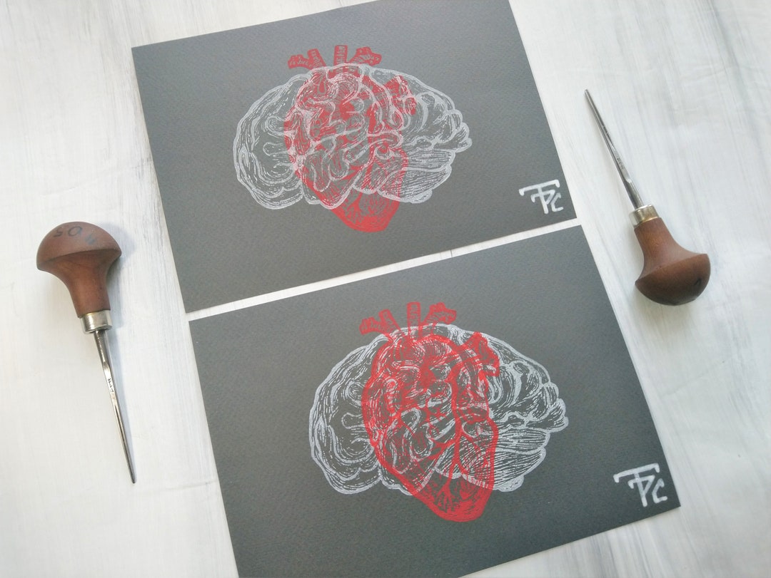 Brain and Heart Original Linocut // Anatomical Linoprint - Etsy